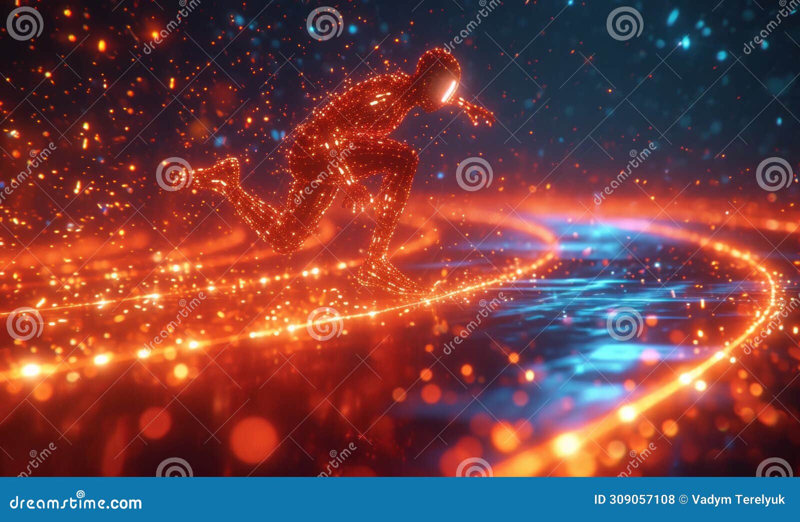 Man Running on Wireframe Road Particles Flying Around 3d Illustration ...