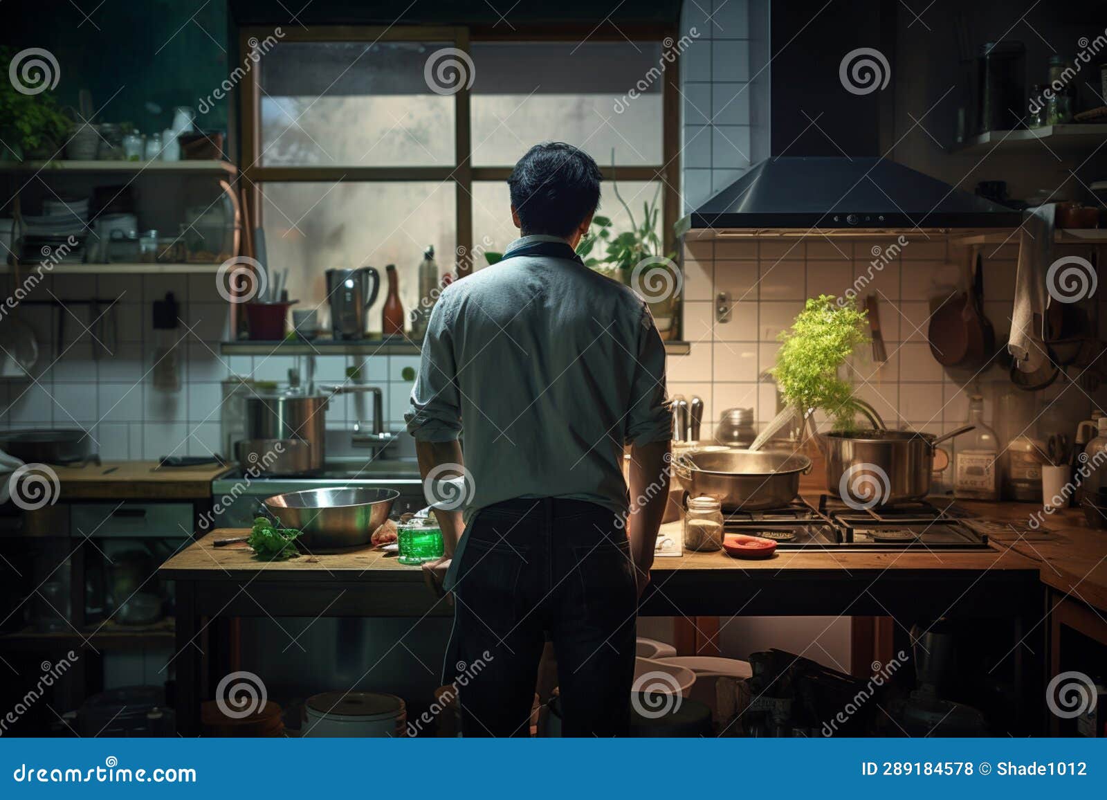Man S Back in a Kitchen Working Stock Illustration - Illustration of ...