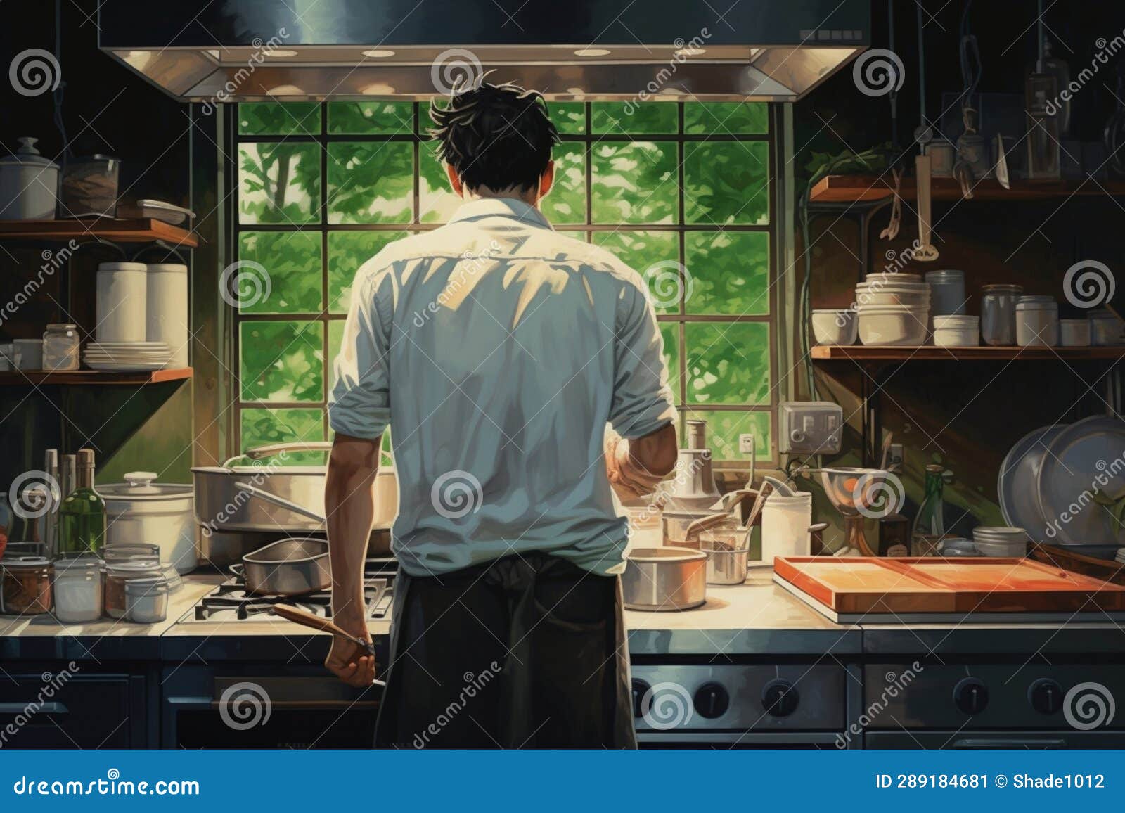 Man S Back in a Kitchen Working Stock Illustration - Illustration of ...
