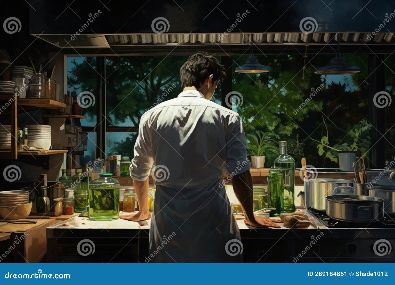 Man S Back in a Kitchen Working Stock Illustration - Illustration of ...
