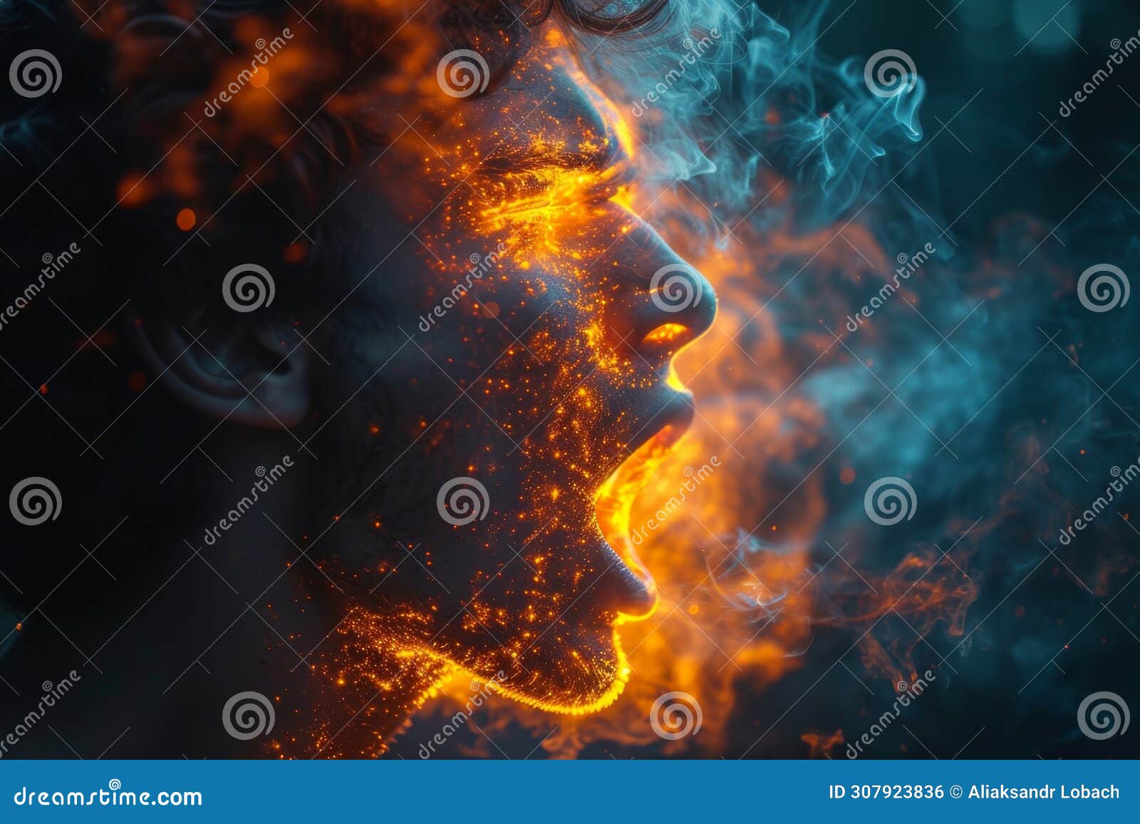 A Man S Face on Fire on a Black Background. 3d Illustration Stock ...