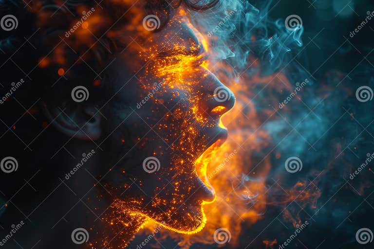 A Man S Face on Fire on a Black Background. 3d Illustration Stock ...