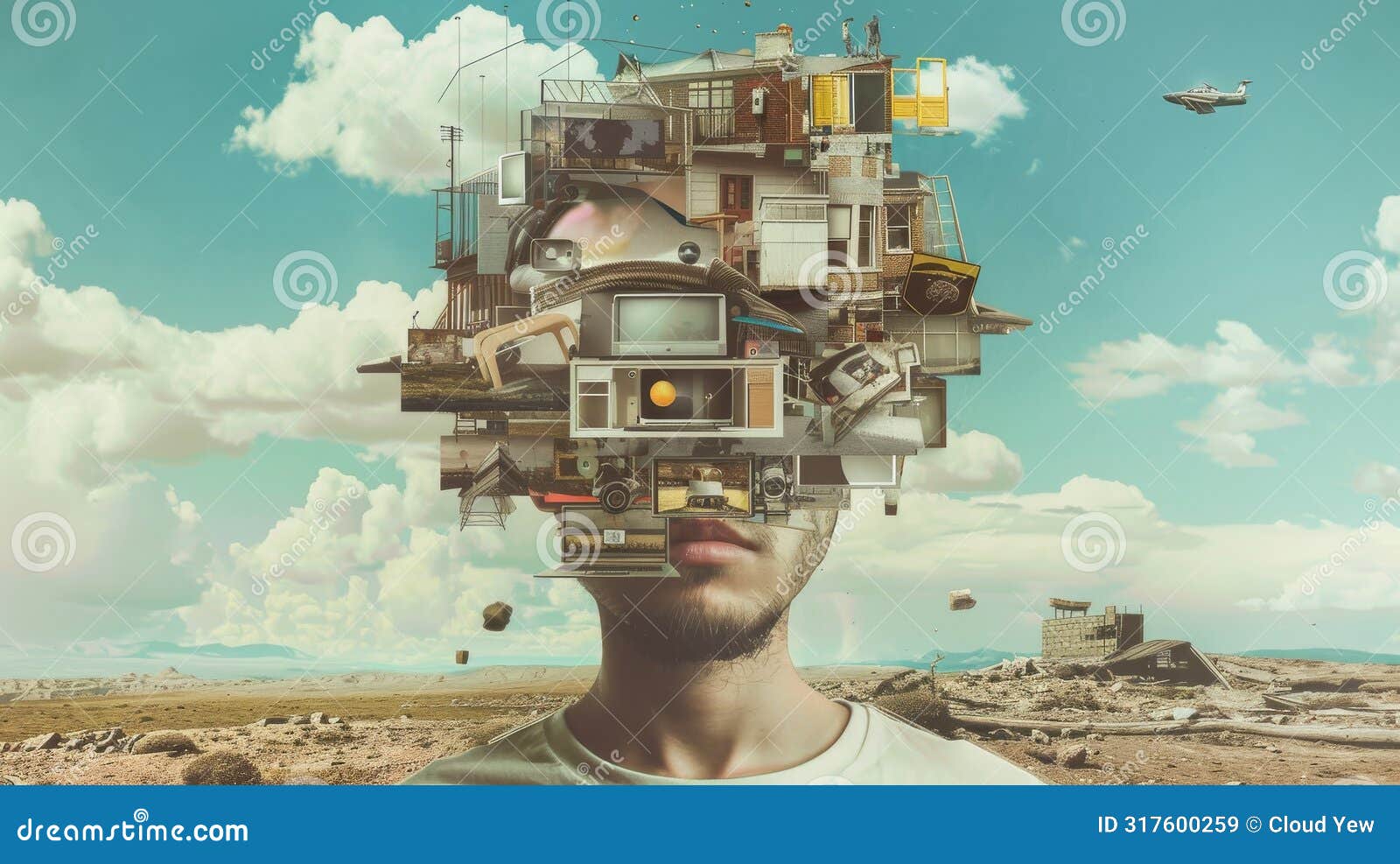 A Man S Face is Made Up of Various Objects, Including a Car, a ...