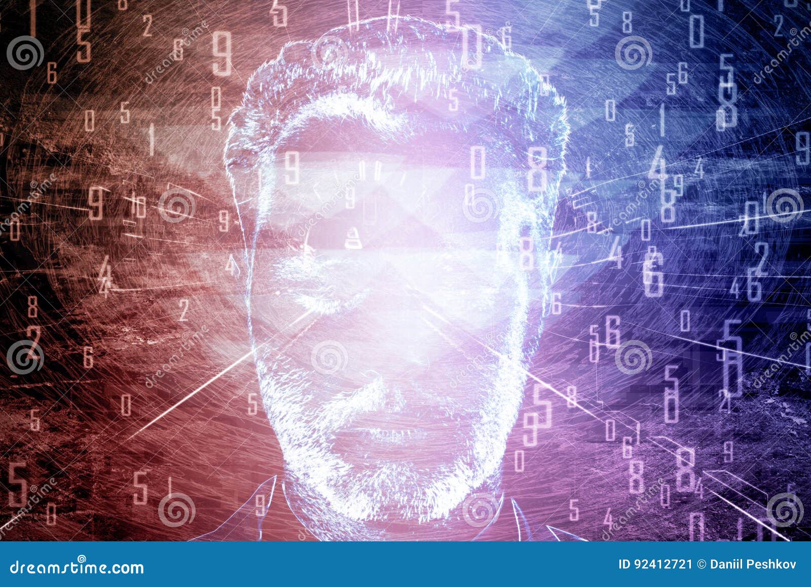 Man`s Face with Pink Digits Stock Image - Image of binary, code: 92412721