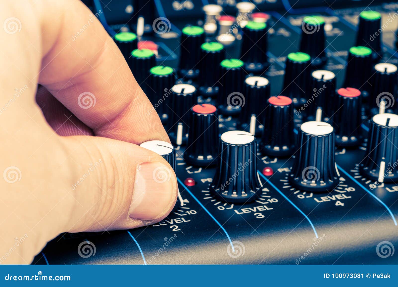 Man`s Hand Adjusting Mixing Console Knobs Close-up Stock Image - Image ...