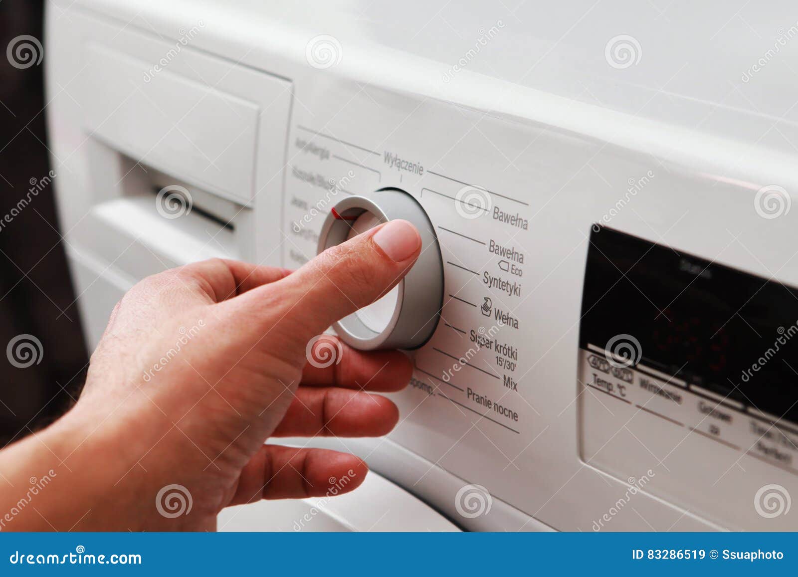 Man`s Hand Adjusting Washing Machine Stock Image - Image of efficient ...