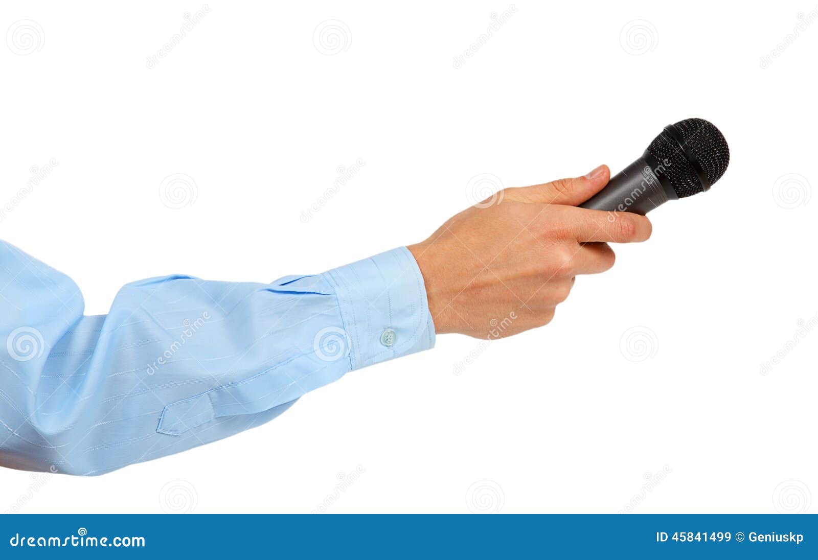 Man S Hand in a Blue Shirt Holding a Microphone Stock Image - Image of ...