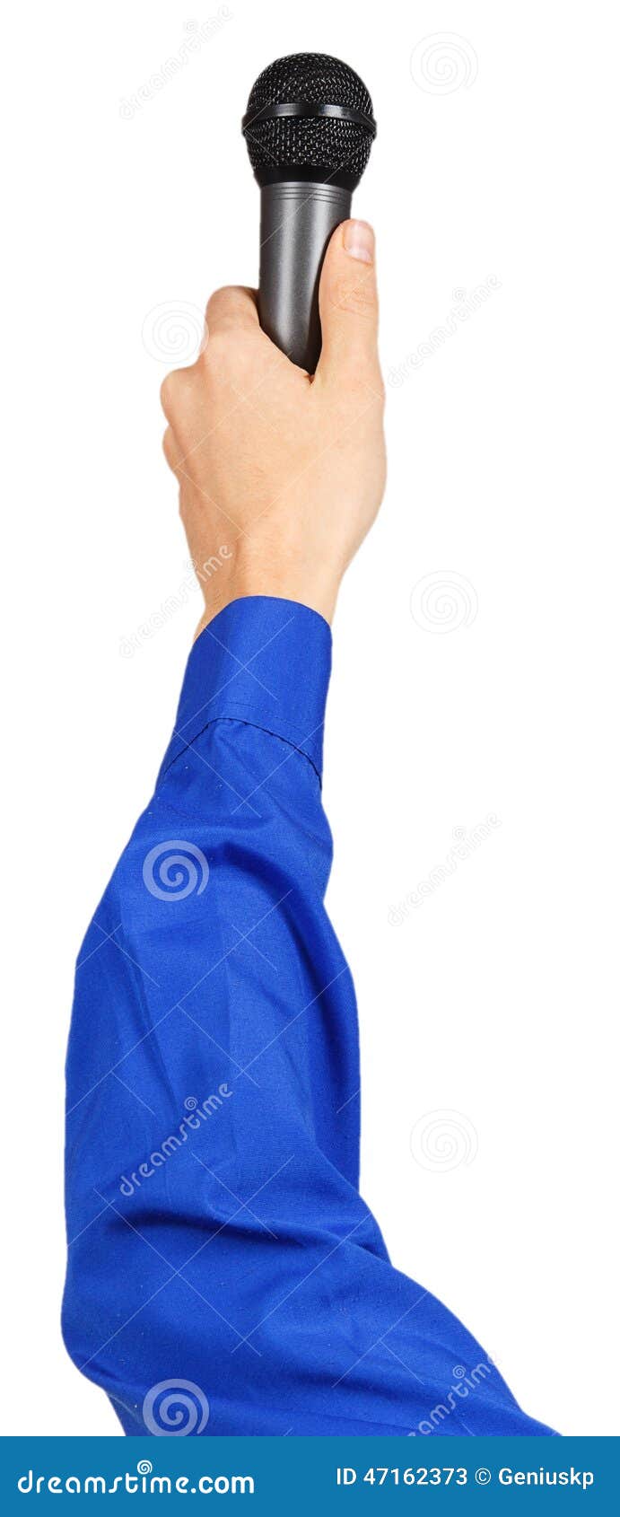 Man S Hand in a Blue Shirt Holding a Microphone Stock Image - Image of ...