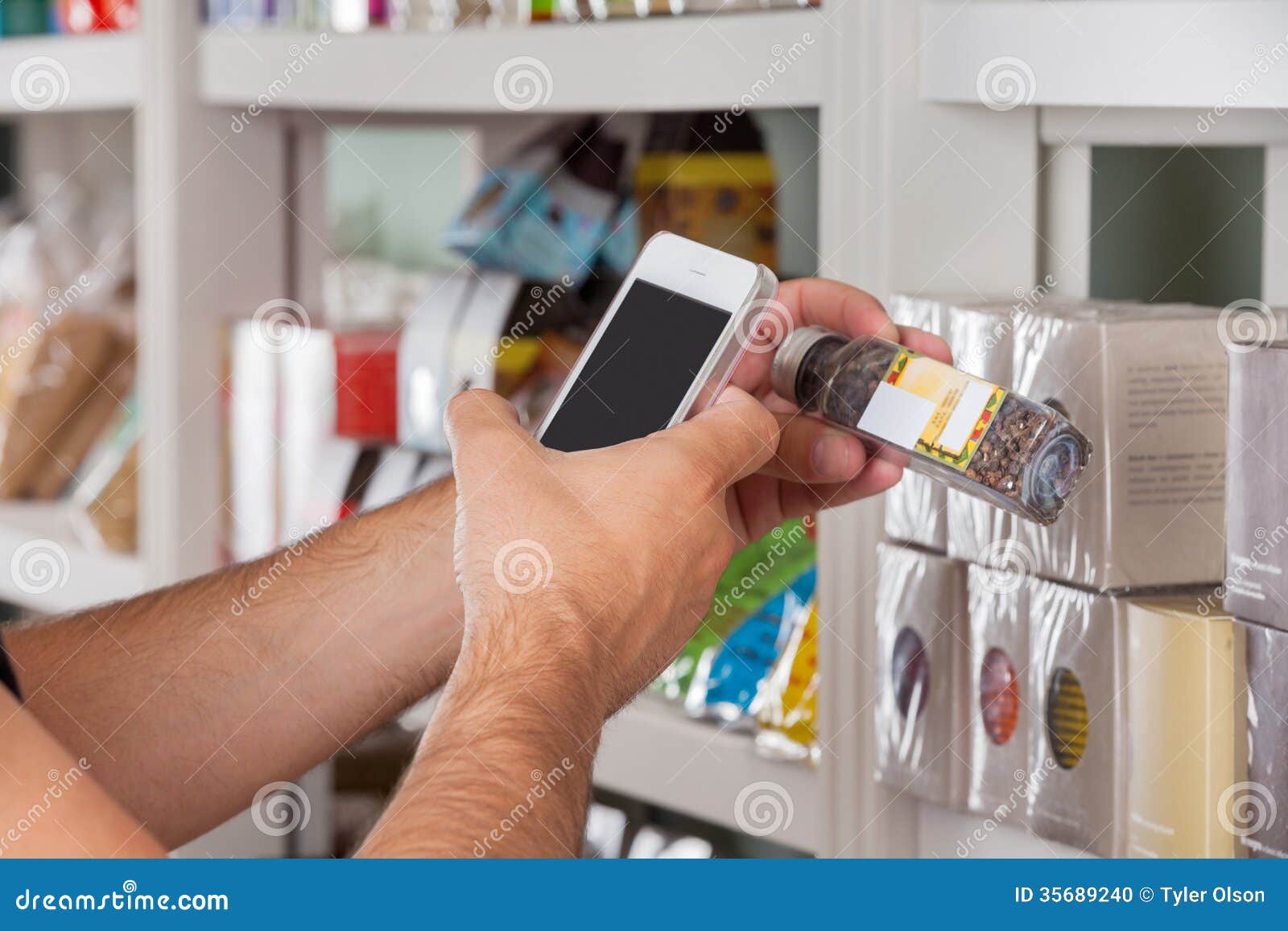 Man S Hand with Cellphone Scanning Product Stock Photo - Image of ...