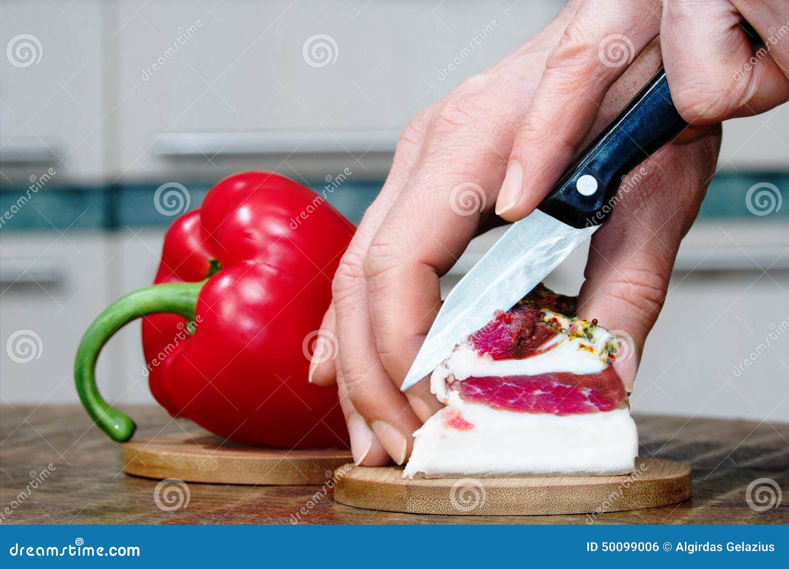 Man S Hand Cuts the Pieces of Fat Stock Photo - Image of bacon, metal ...
