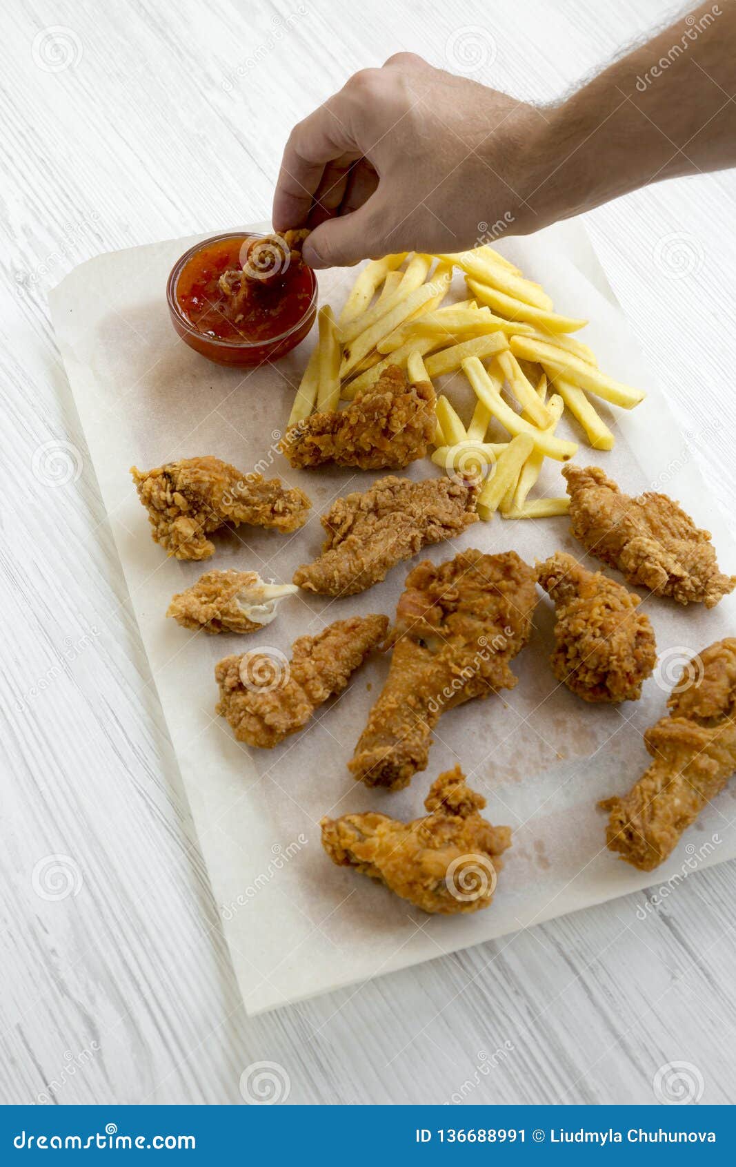 Man`s Hand Dipping Chicken Strips into Sauce, Side View Stock Image ...