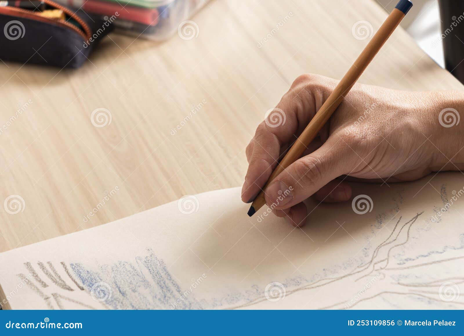 Man`s Hand Learning How To Draw with a Colored Pencil Stock Photo ...