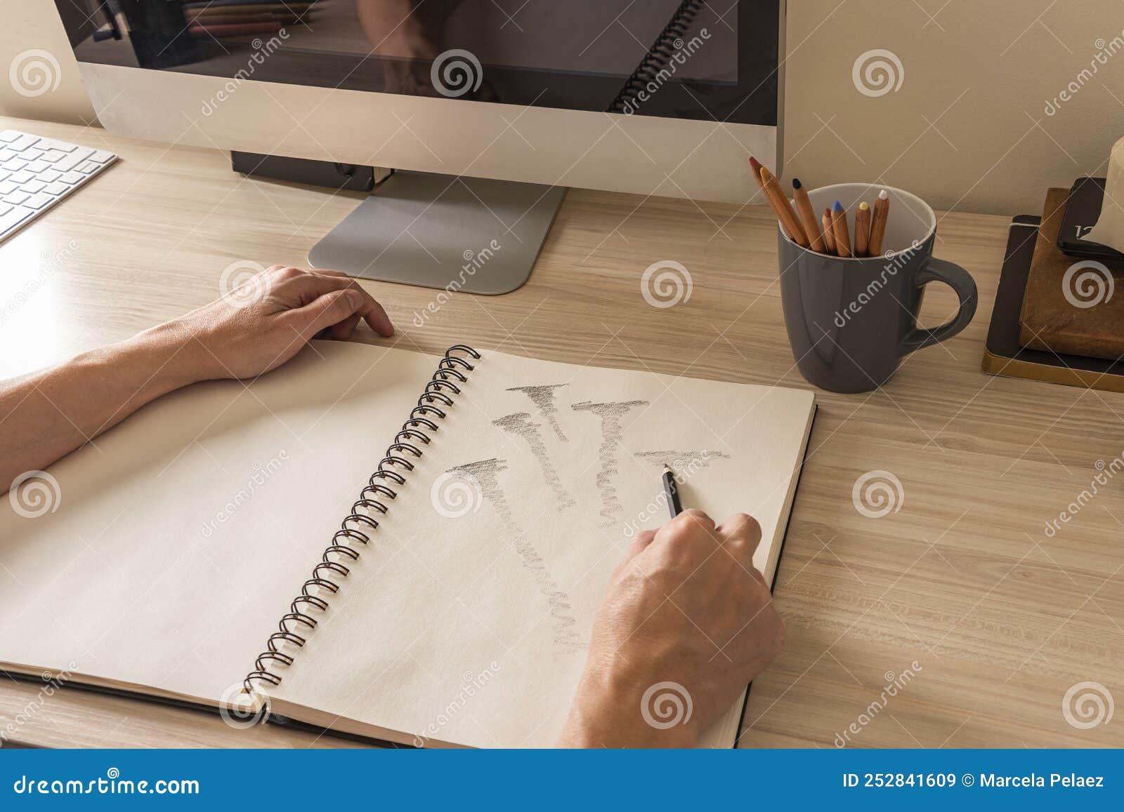 Man`s Hand Drawing in a Notebook Stock Image - Image of closeup, finger ...