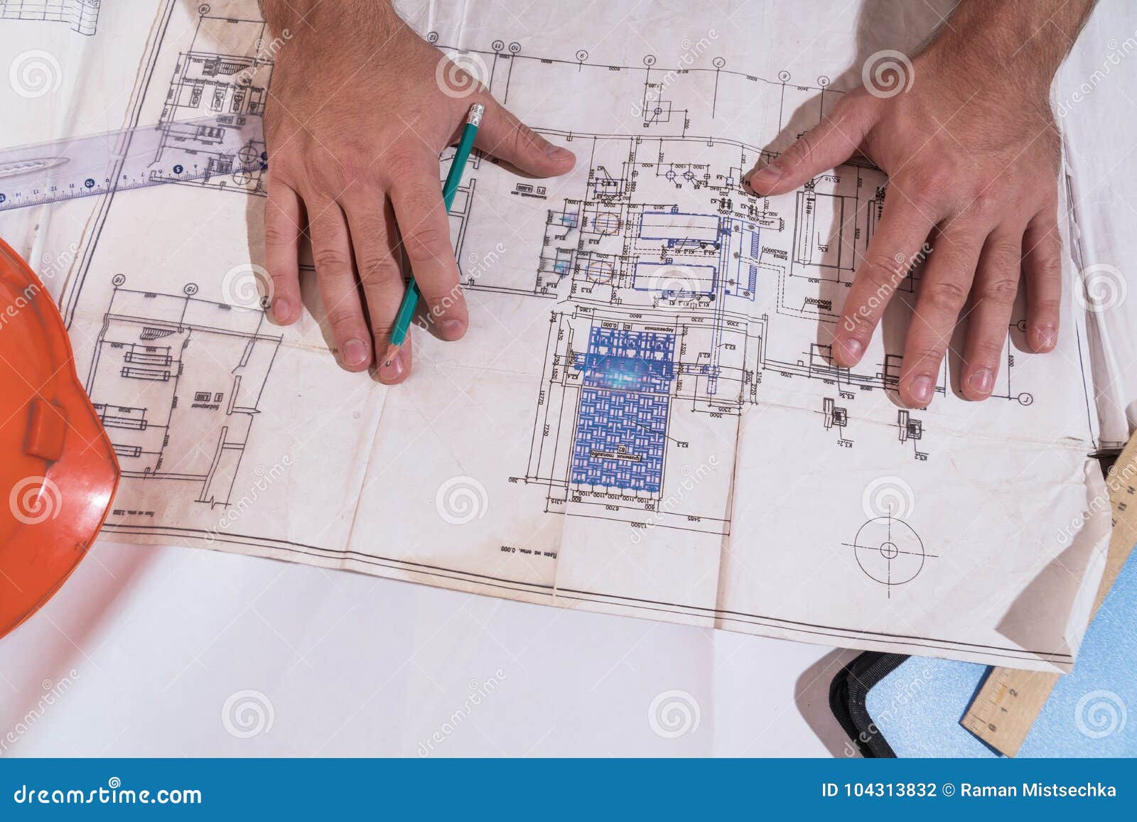 A Man`s Hand Draws a Construction Drawing Stock Photo - Image of helmet ...