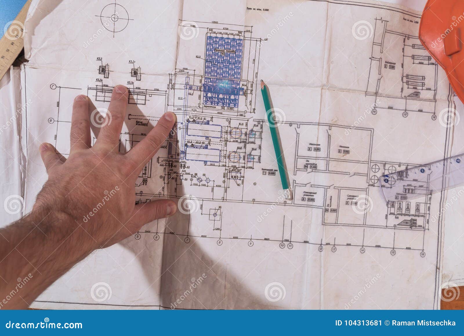 A Man`s Hand Draws a Construction Drawing Stock Image - Image of home ...