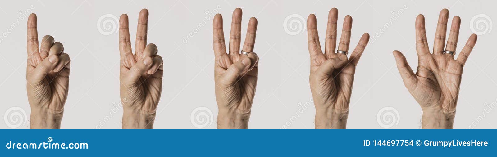 Man`s Hand Gestures, Counting Numbers One To Five, Isolated On White ... Man`s Hand Gestures, Counting Numbers One To Five, Isolated On White ...