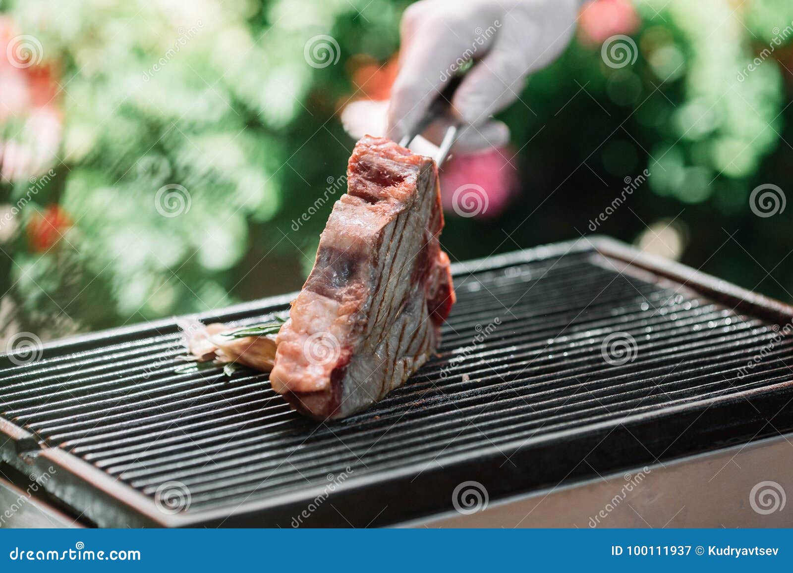 Man`s Hand at a Grill with a Beef Steak Stock Image - Image of rosemary ...
