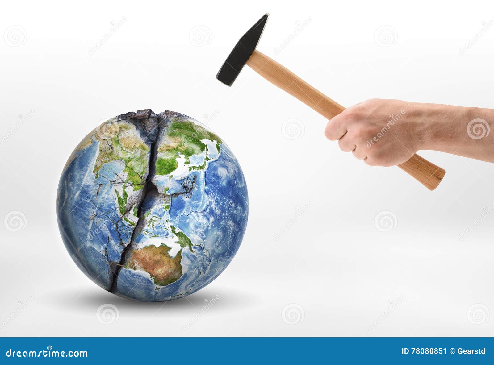 Man S Hand with a Hammer Hits the Planet Earth. Stock Image - Image of ...