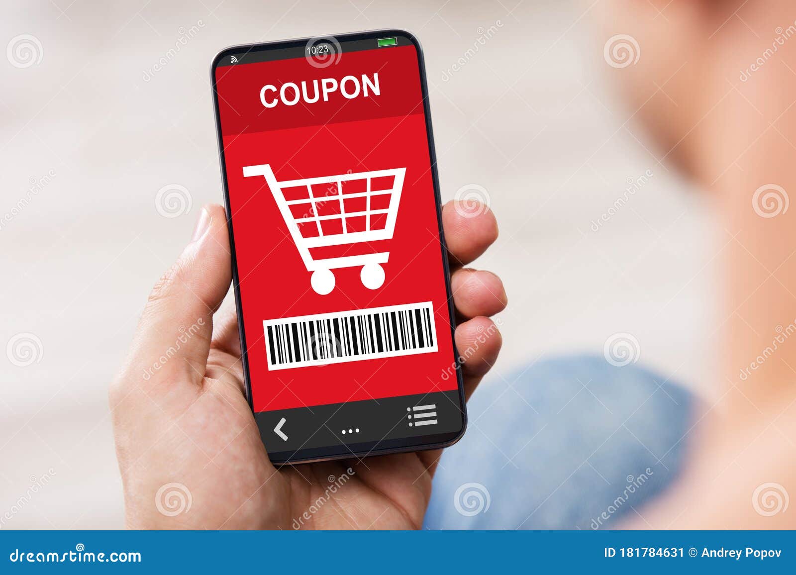 Man`s Hand Holding Mobile Phone with Shopping Coupon Stock Image ...