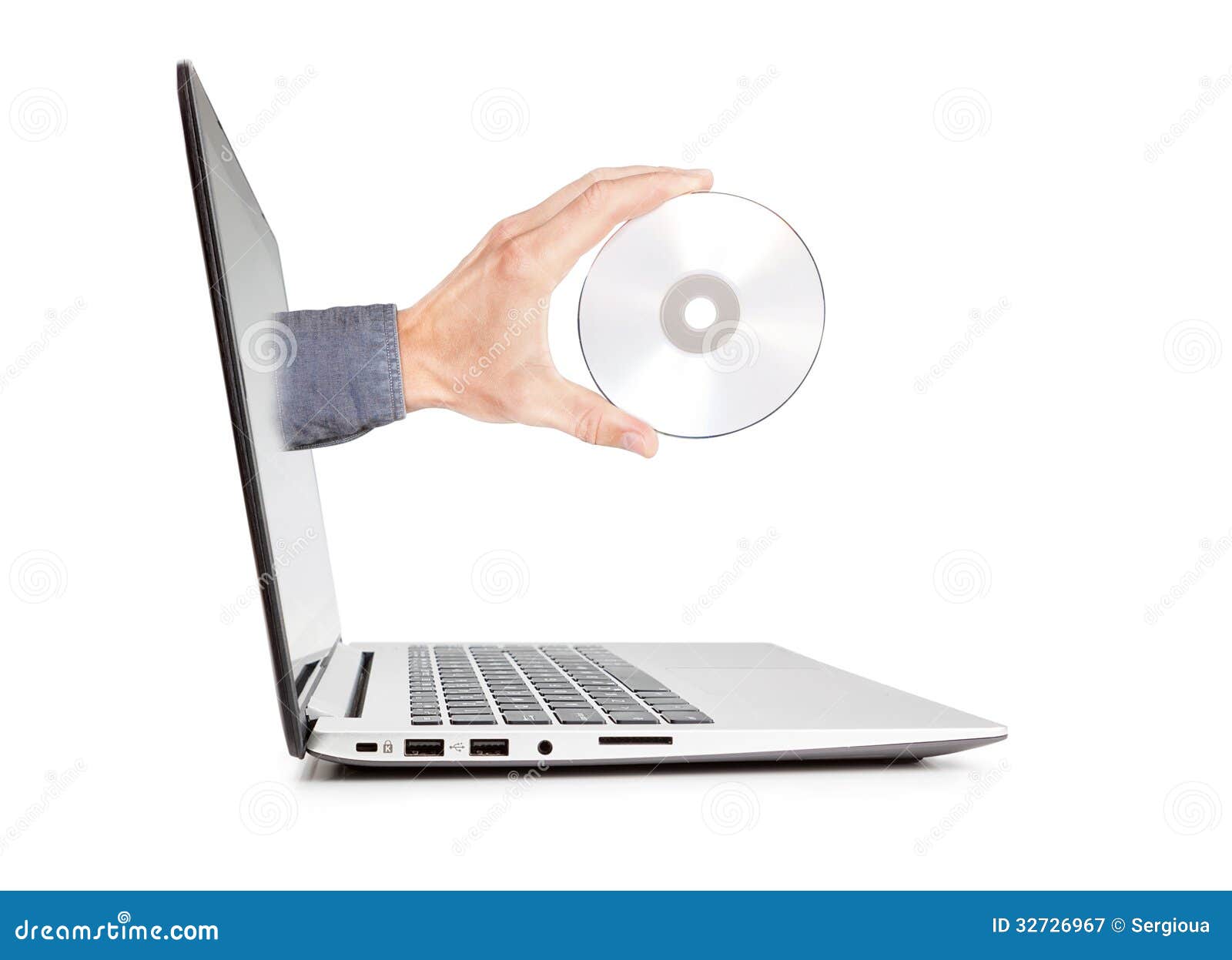 Man S Hand Holding a Disk Sticking Out of the Notebook. Stock Image ...