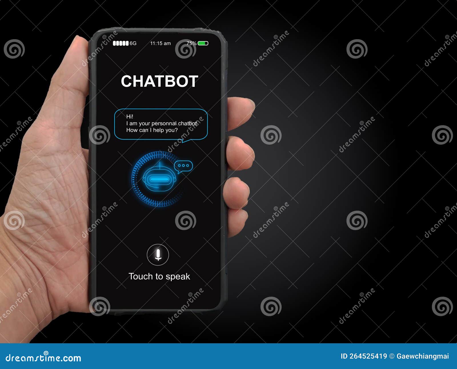 A Man`s Hand Holding Mobile Smartphone with Chatterbot Application for ...