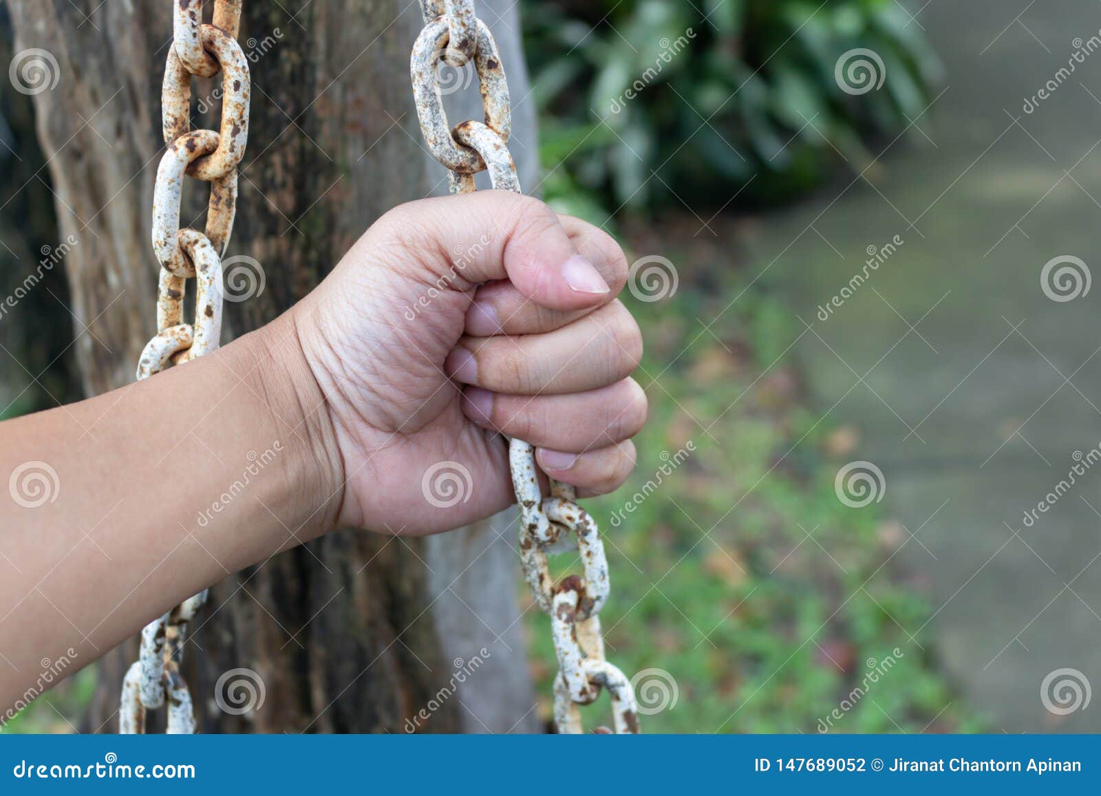 Man`s Hand is Holding on the Old Rust Chain Stock Photo - Image of ...