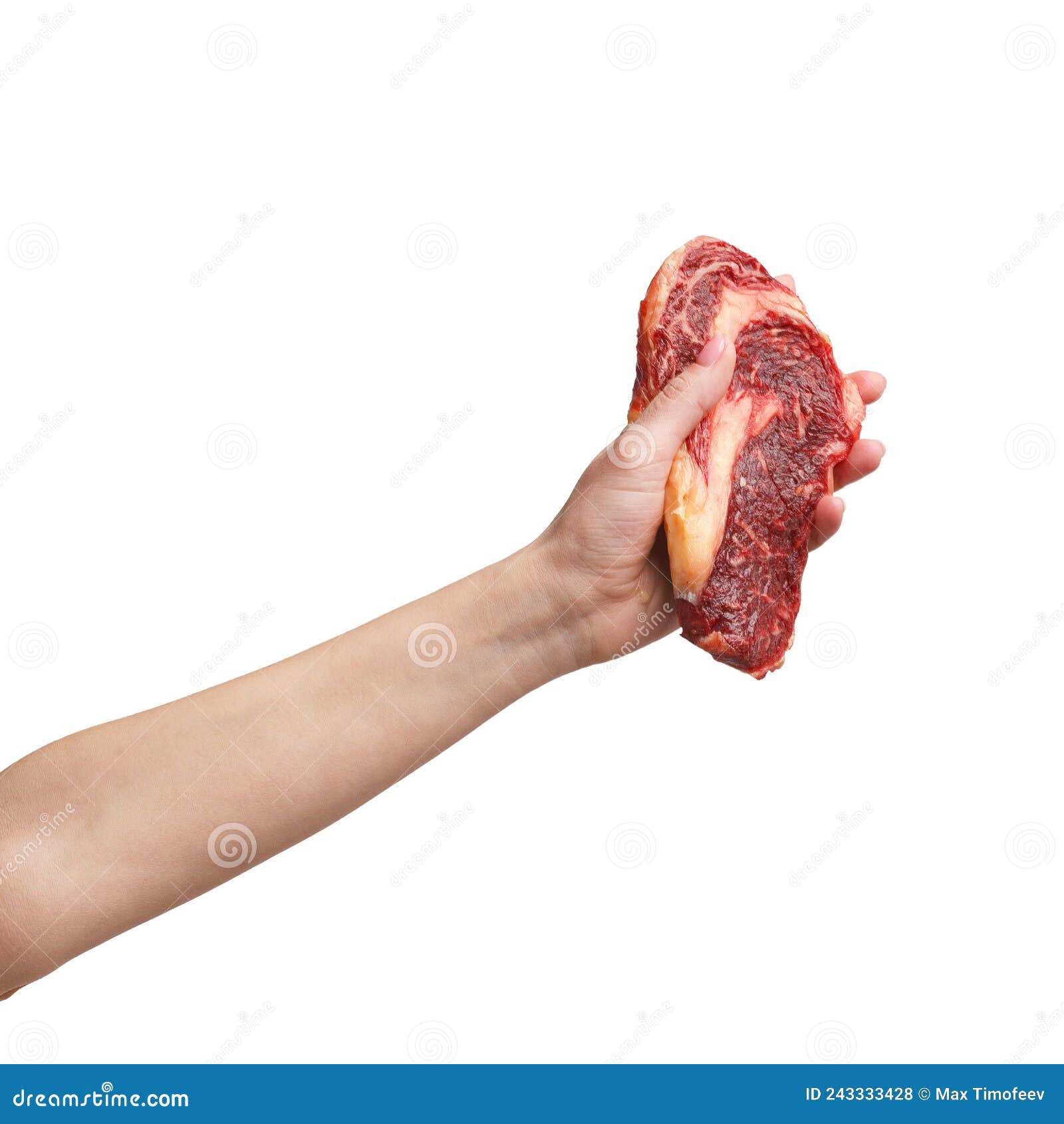 A Man`s Hand Holds a Piece of Raw Meat. Isolated on White Stock Photo ...