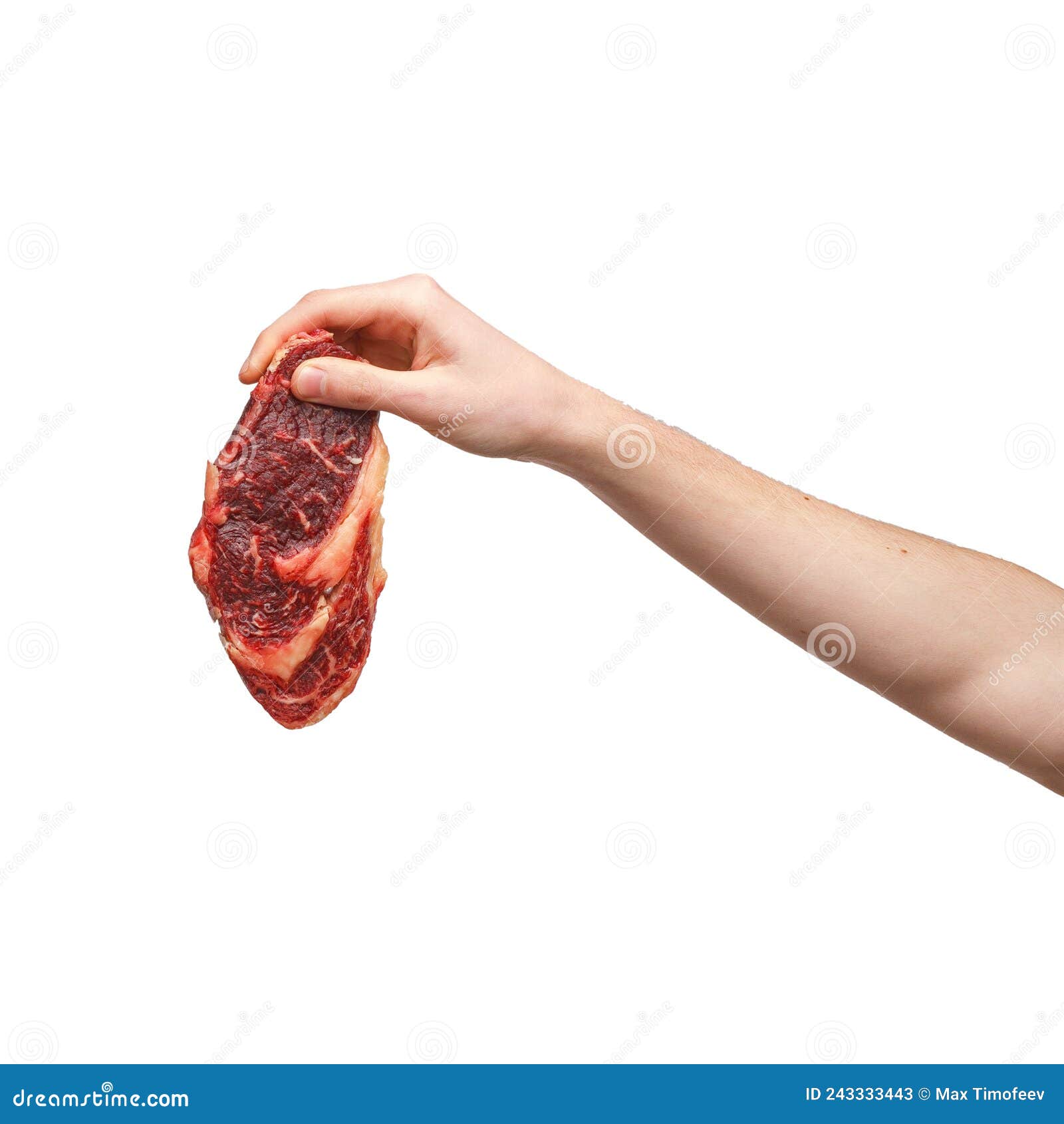 A Man`s Hand Holds a Piece of Raw Meat. Isolated on White Stock Image ...