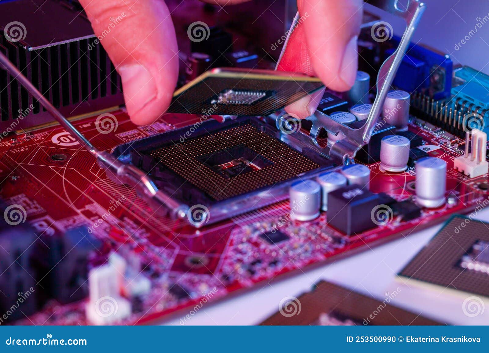 A Man`s Hand Inserts a Processor into the Motherboard Chipset Stock ...