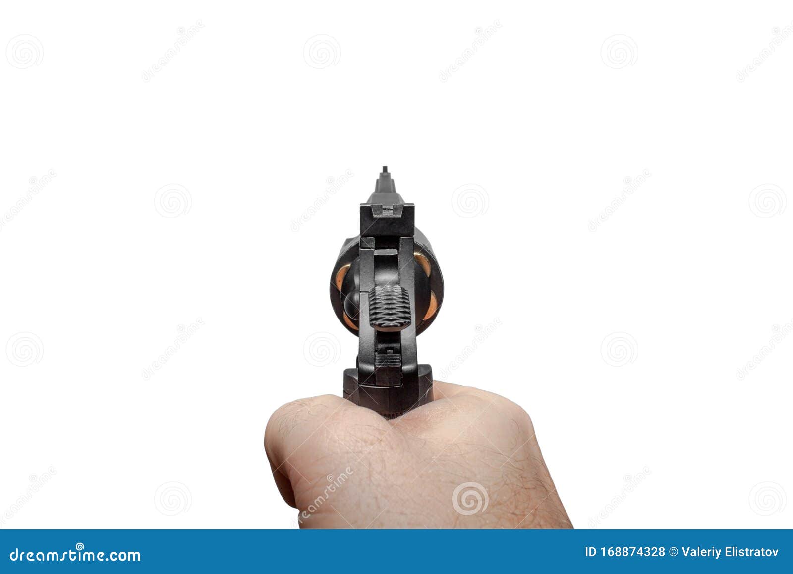 A Man`s Hand with a Loaded Black Revolver Aims Forward. First-person ...
