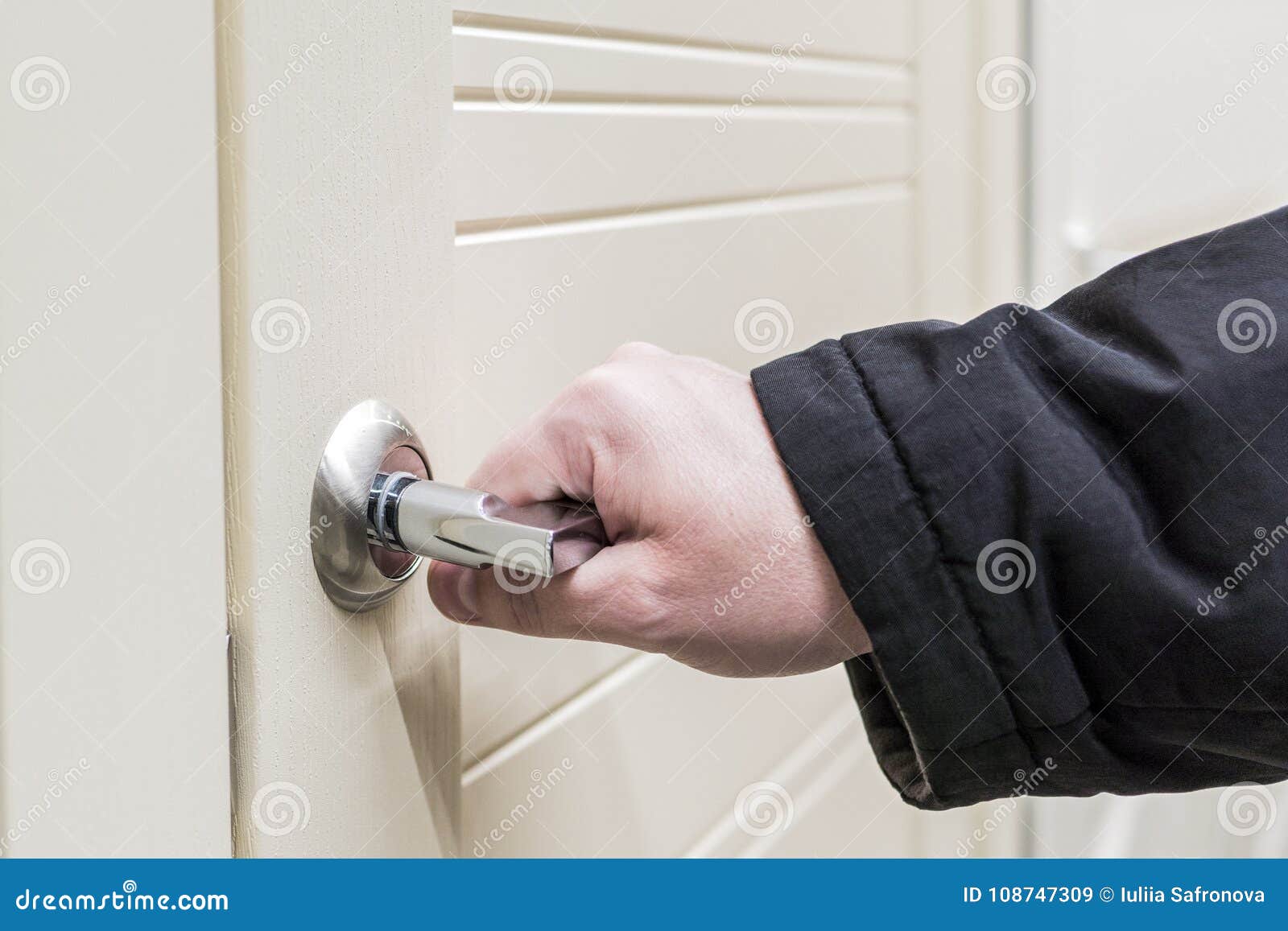 The Man`s Hand Opens the Wooden Front Door. Stock Image - Image of lock ...