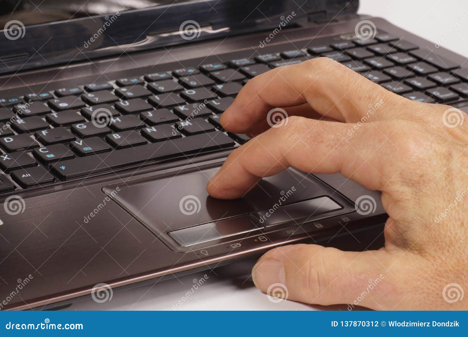 Work on a Computer. a Man`s Hand Operating a Laptop with the Help of a ...