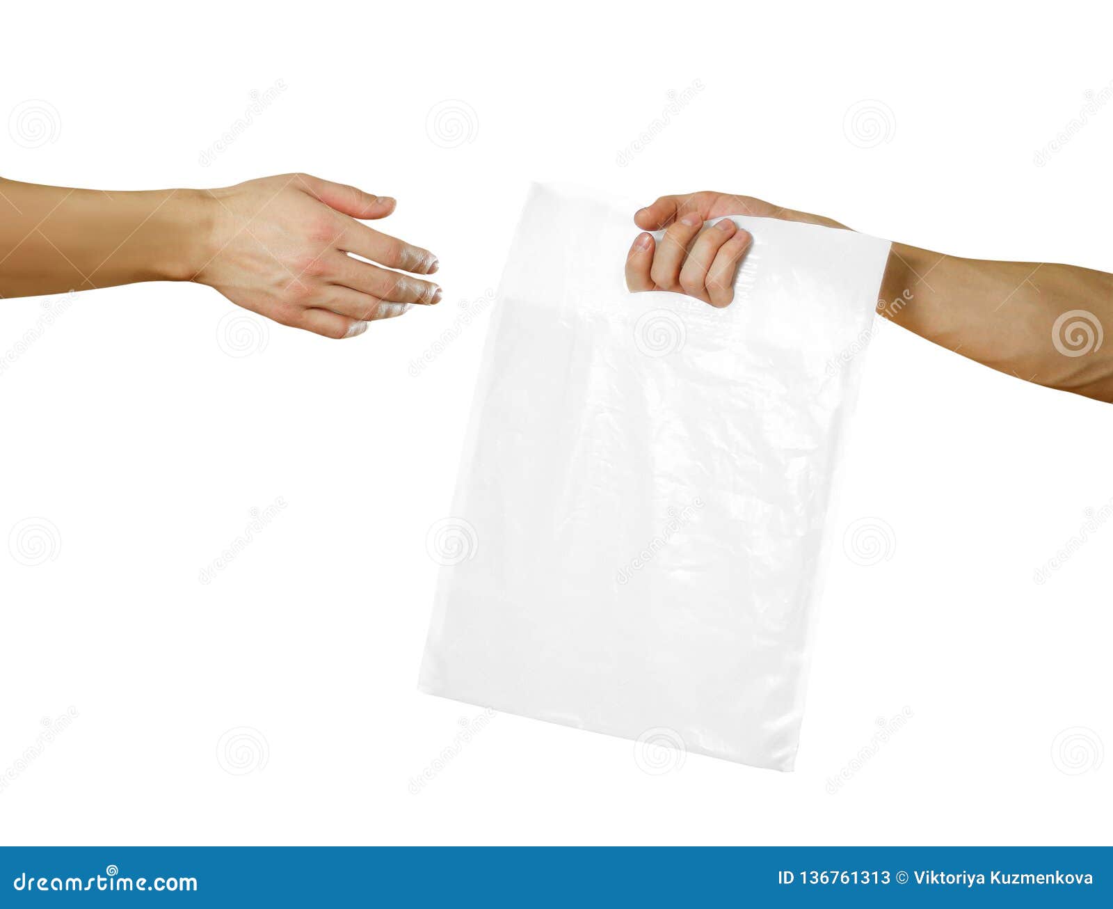 A Man`s Hand Passes a White Plastic Bag. Close Up Stock Image - Image ...