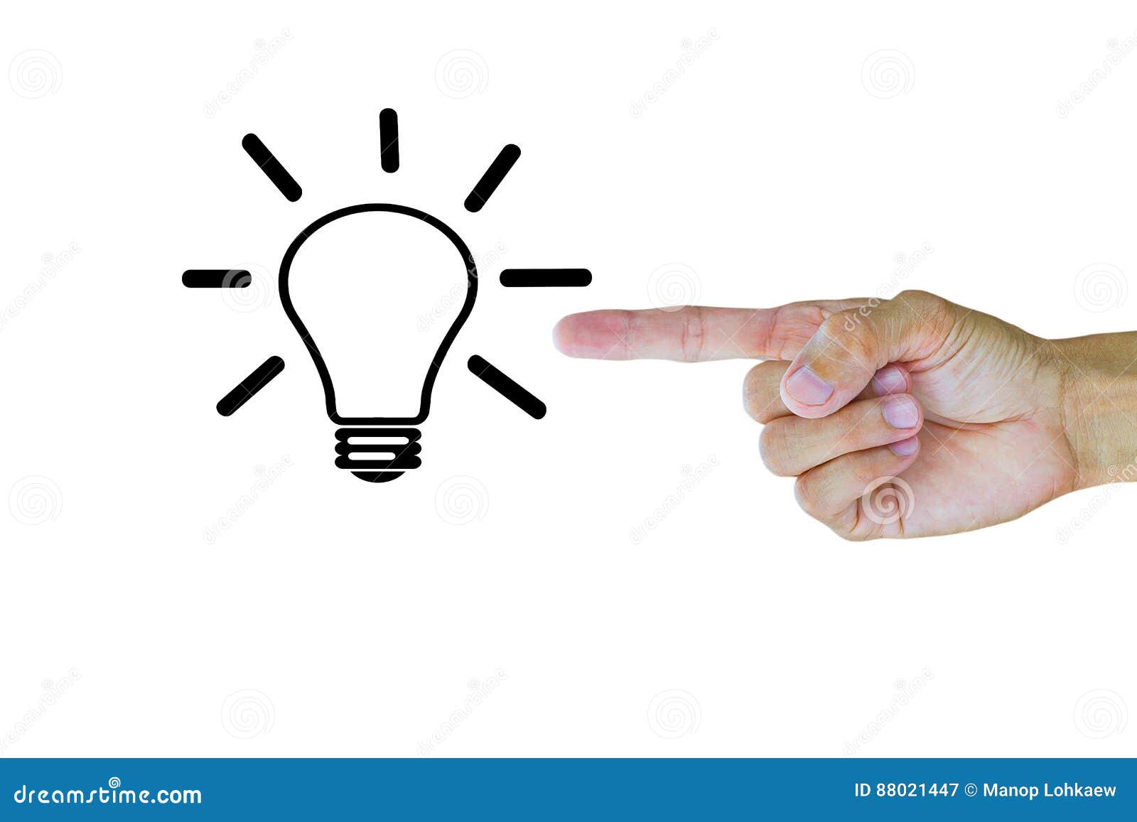 Man`s Hand Pointing To Light Bulb on White Background Stock Image ...