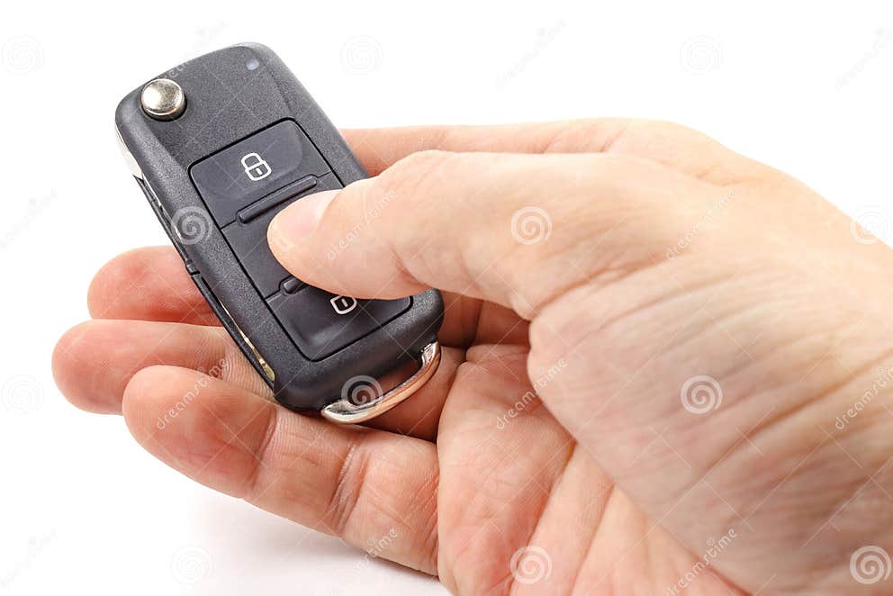 Man`s Hand Presses Button on the Ignition Key Stock Image - Image of ...