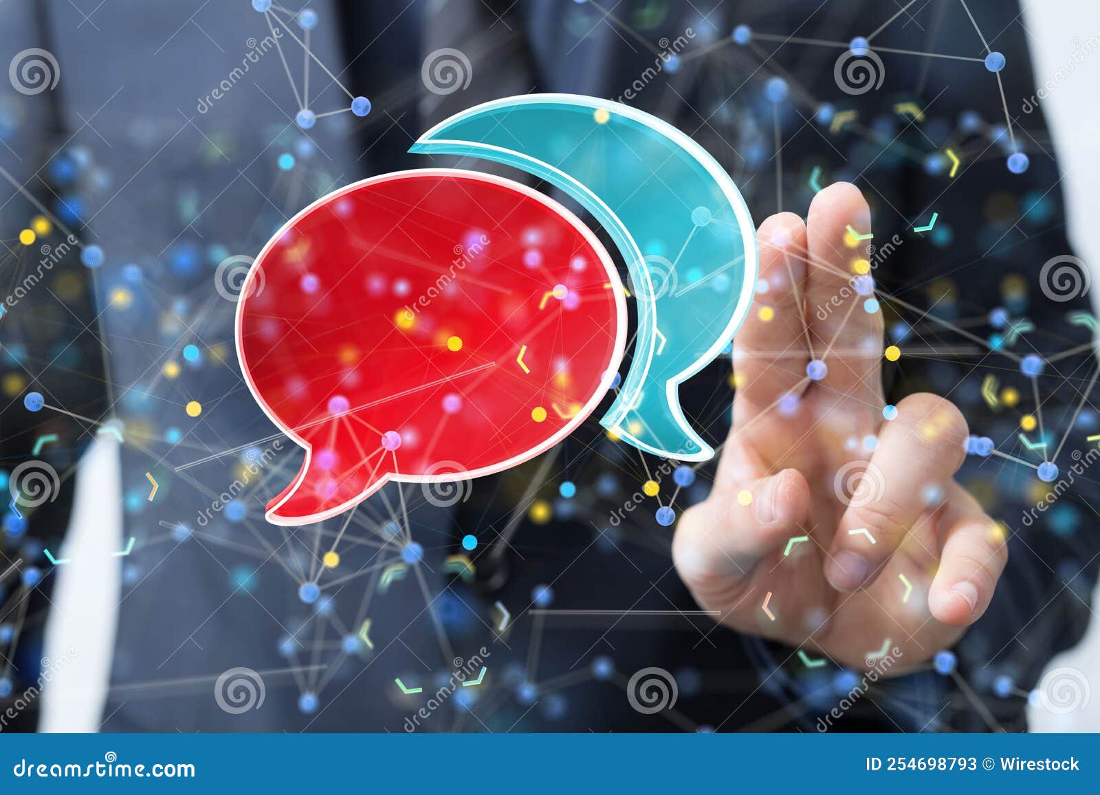 Man S Hand Pressing Digital Icons with Colorful Dialog Speech Bubbles ...