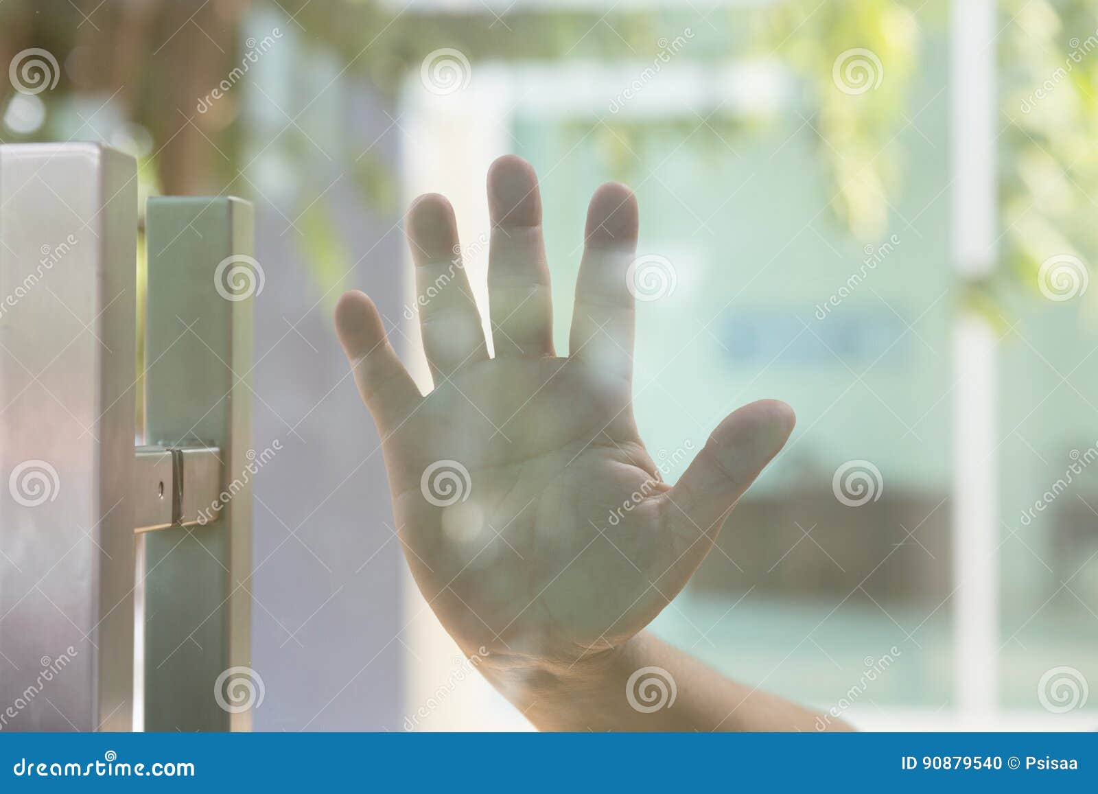 Man& X27;s Hand Pushing, Opening Glass Door Stock Photo - Image of ...