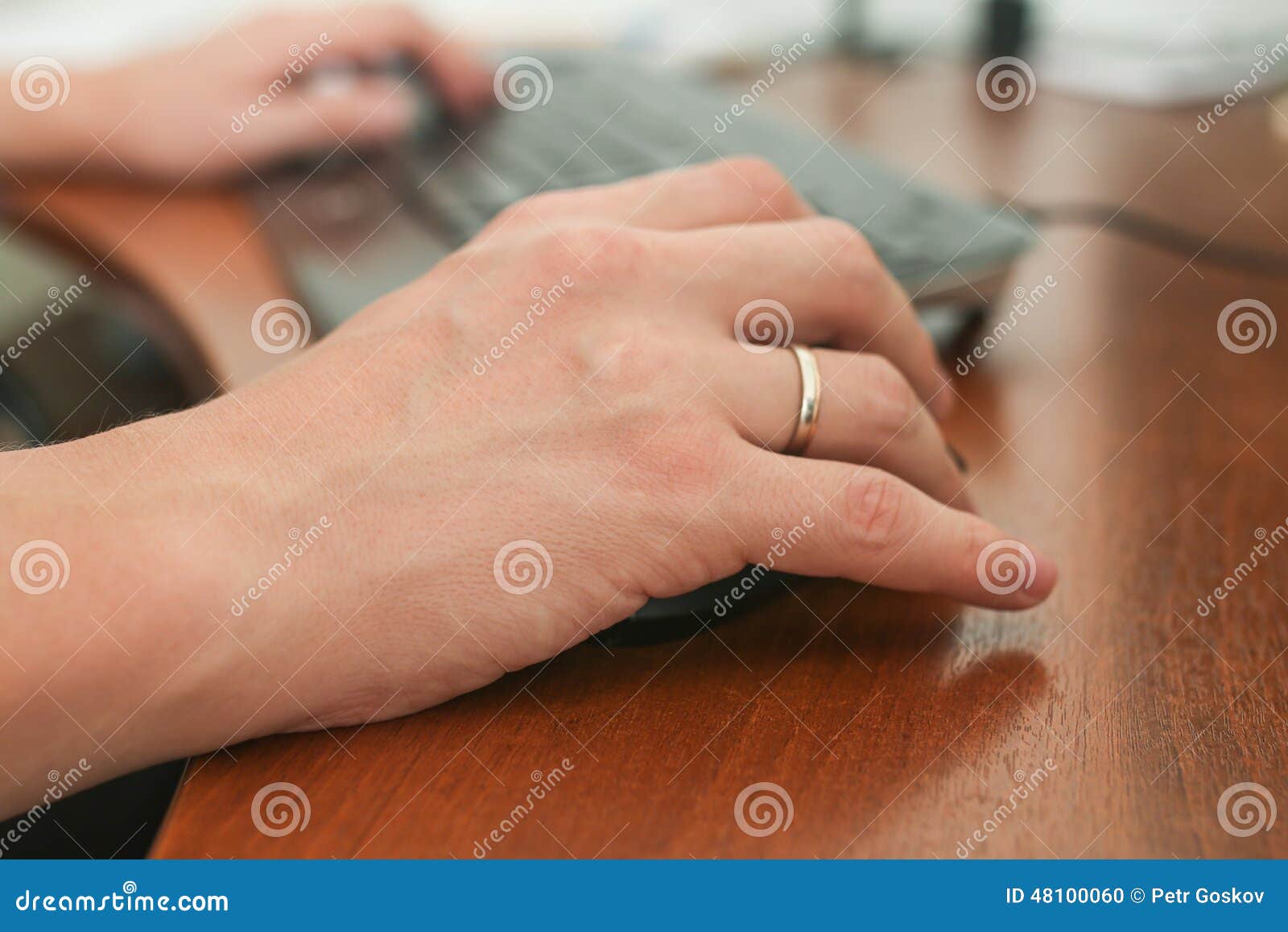 Man S Hand with Ring on Mouse and Computer Keyboard Stock Photo - Image ...