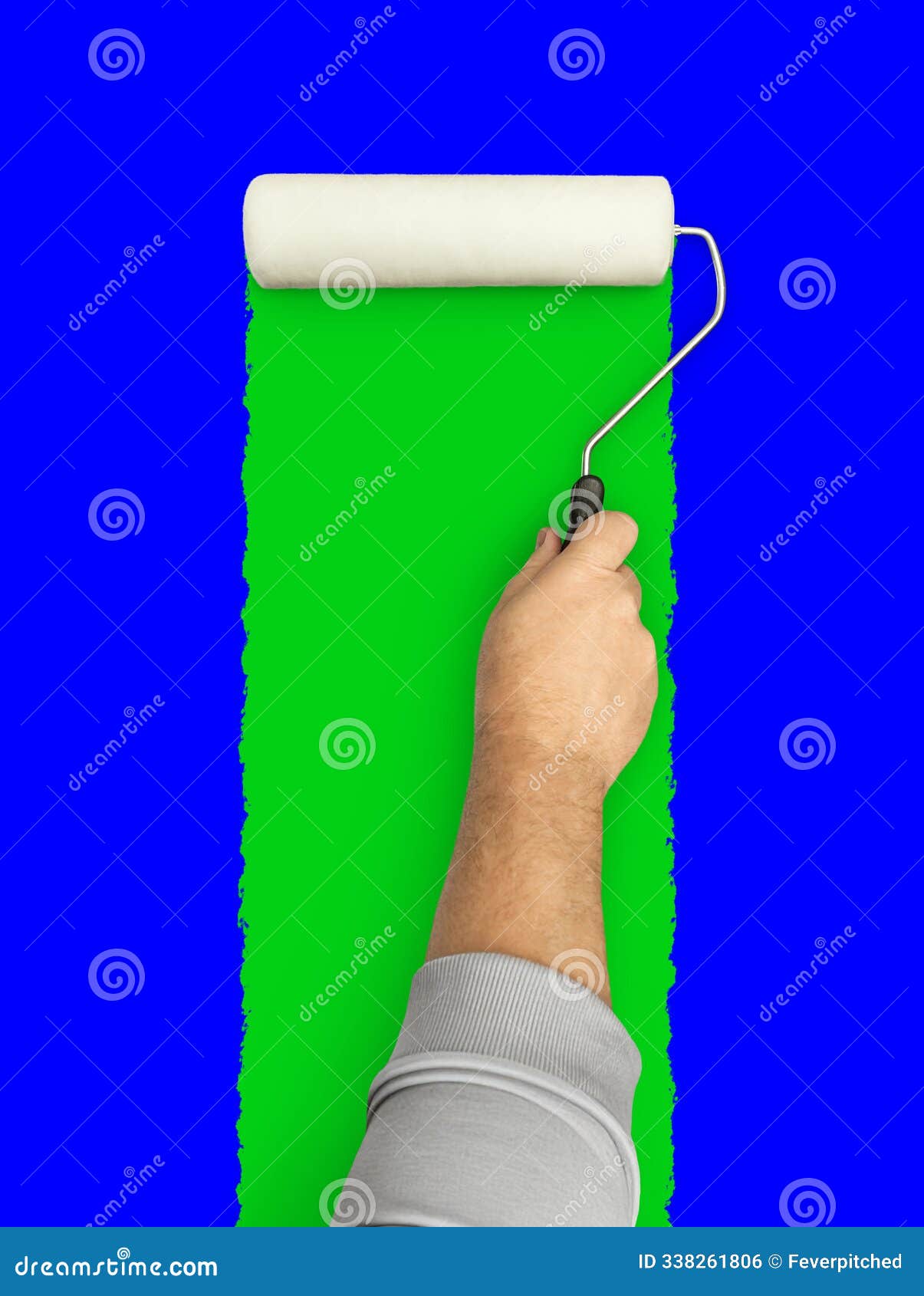 Man S Hand Rolling Paint Roller Over Blue and Green Screen Background ...