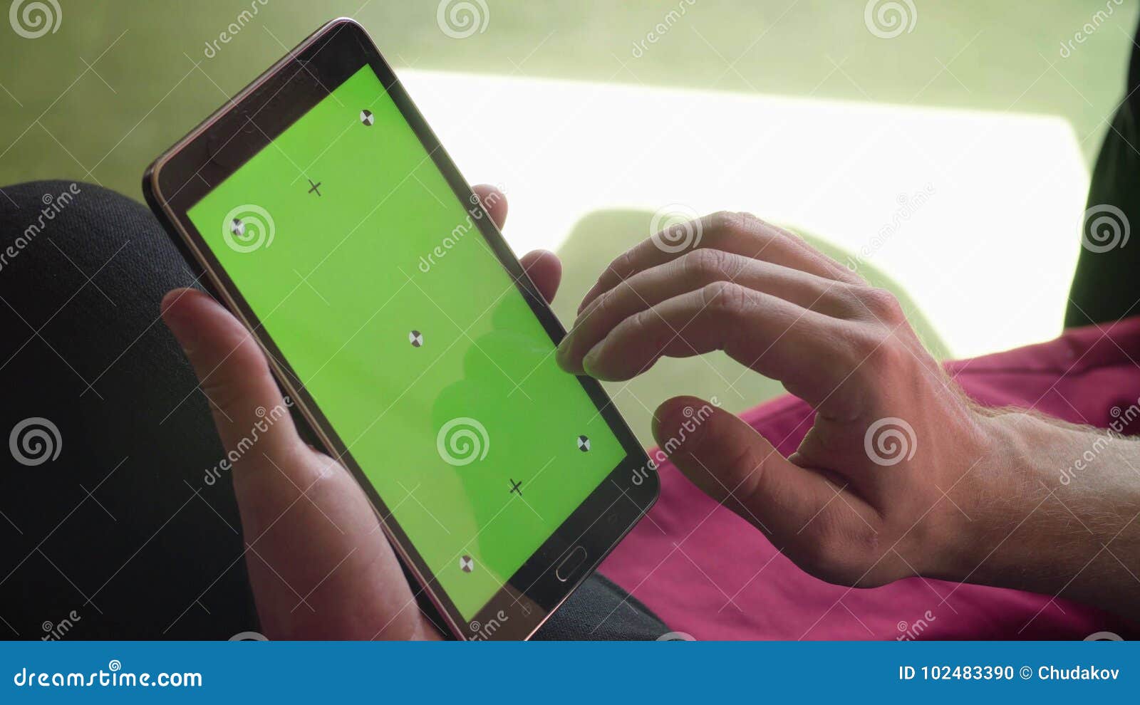 Man`s Hand Scrolling a Tablet with Green Screen Stock Photo - Image of ...