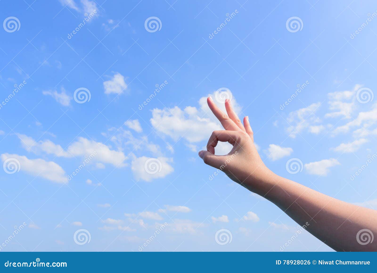 Man S Hand Showing an Okay Sign Blue Sky and Clouds Background Stock ...