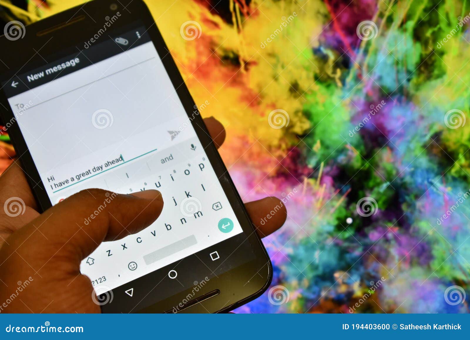 Man`s Hand Texting with Colorful Background. Stock Photo - Image of ...