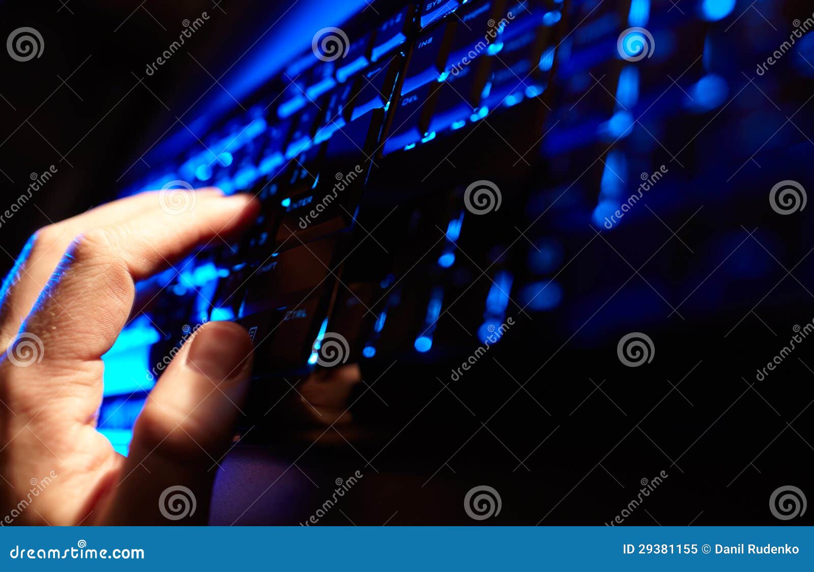 Man S Hand Typing on a Blue Keyboard. Stock Image - Image of blue ...