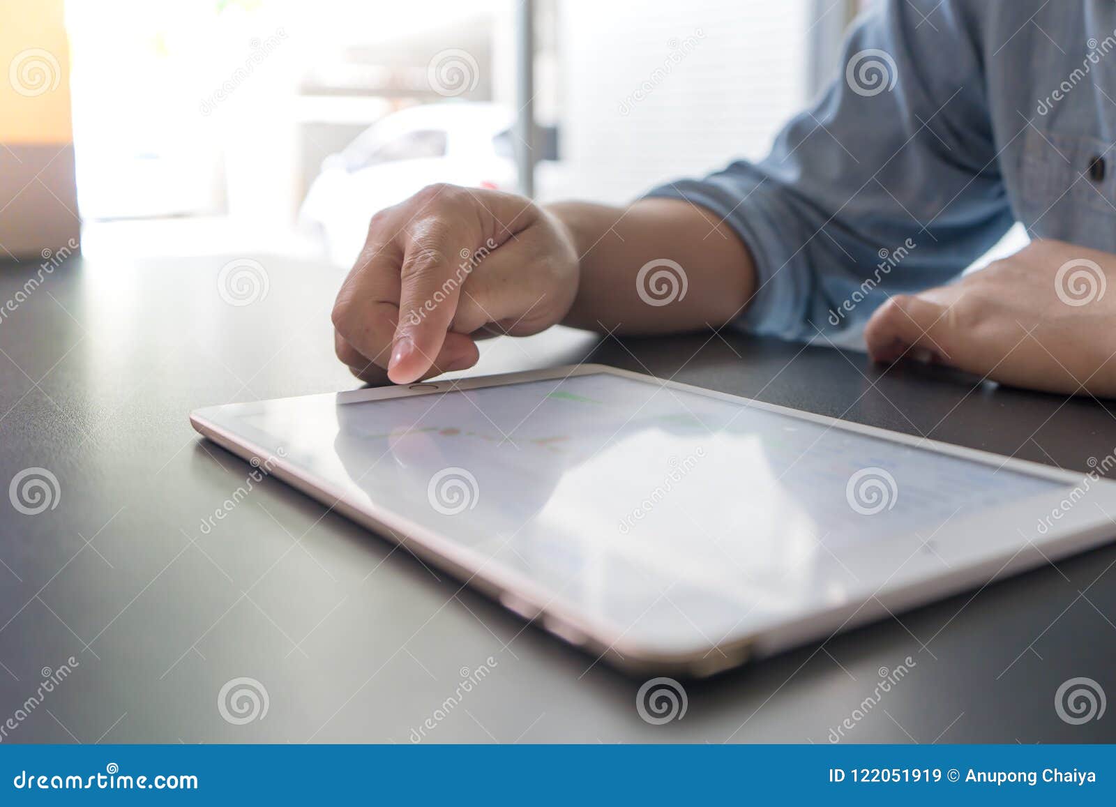 Closeup of Man`s Hand Using Digital Tablet for Checking Stock Image ...
