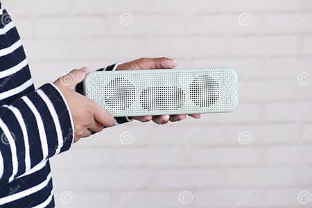 Man& X27;s Hand Using Smart Speaker with Copy Space Stock Photo - Image ...