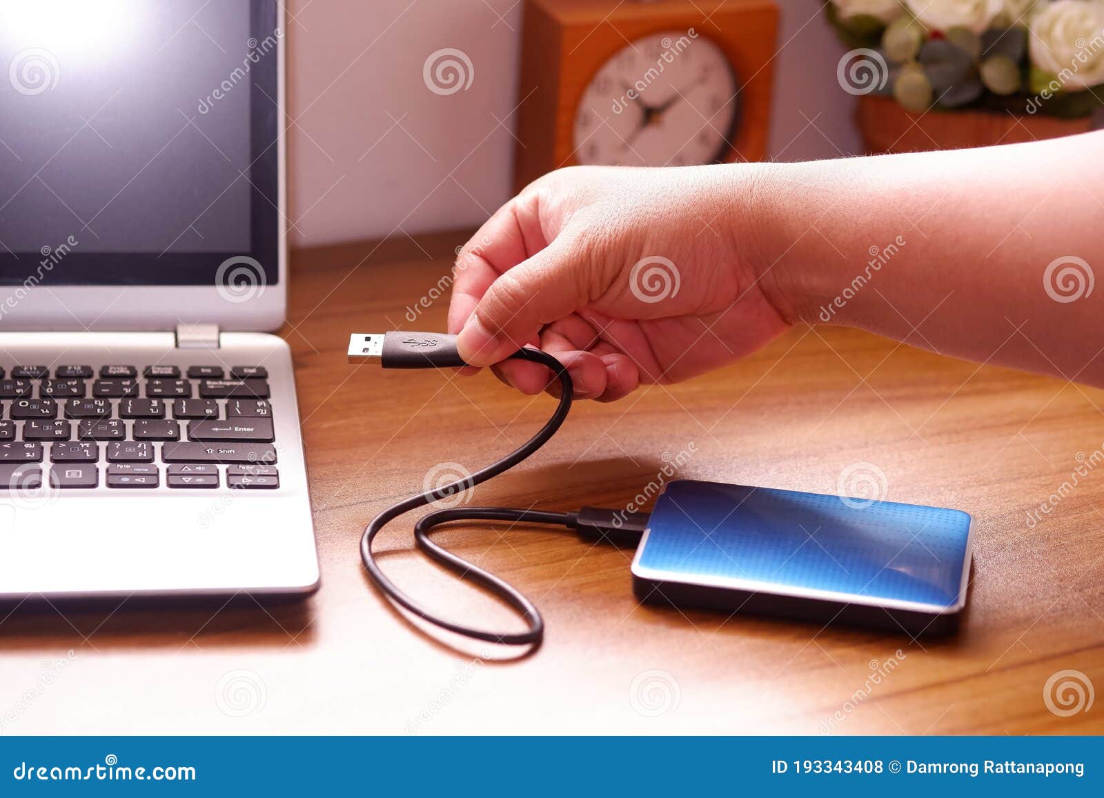 Man`s Hand Was Connecting An External Portable Hard Disk Usb 3.0 Cable ...