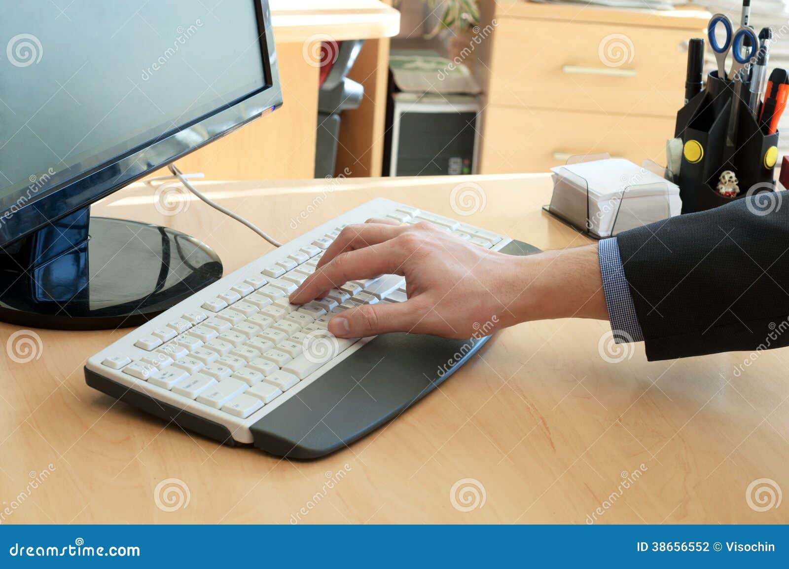 Man S Hand upon a White Keyboard. Typing Stock Photo - Image of closeup ...