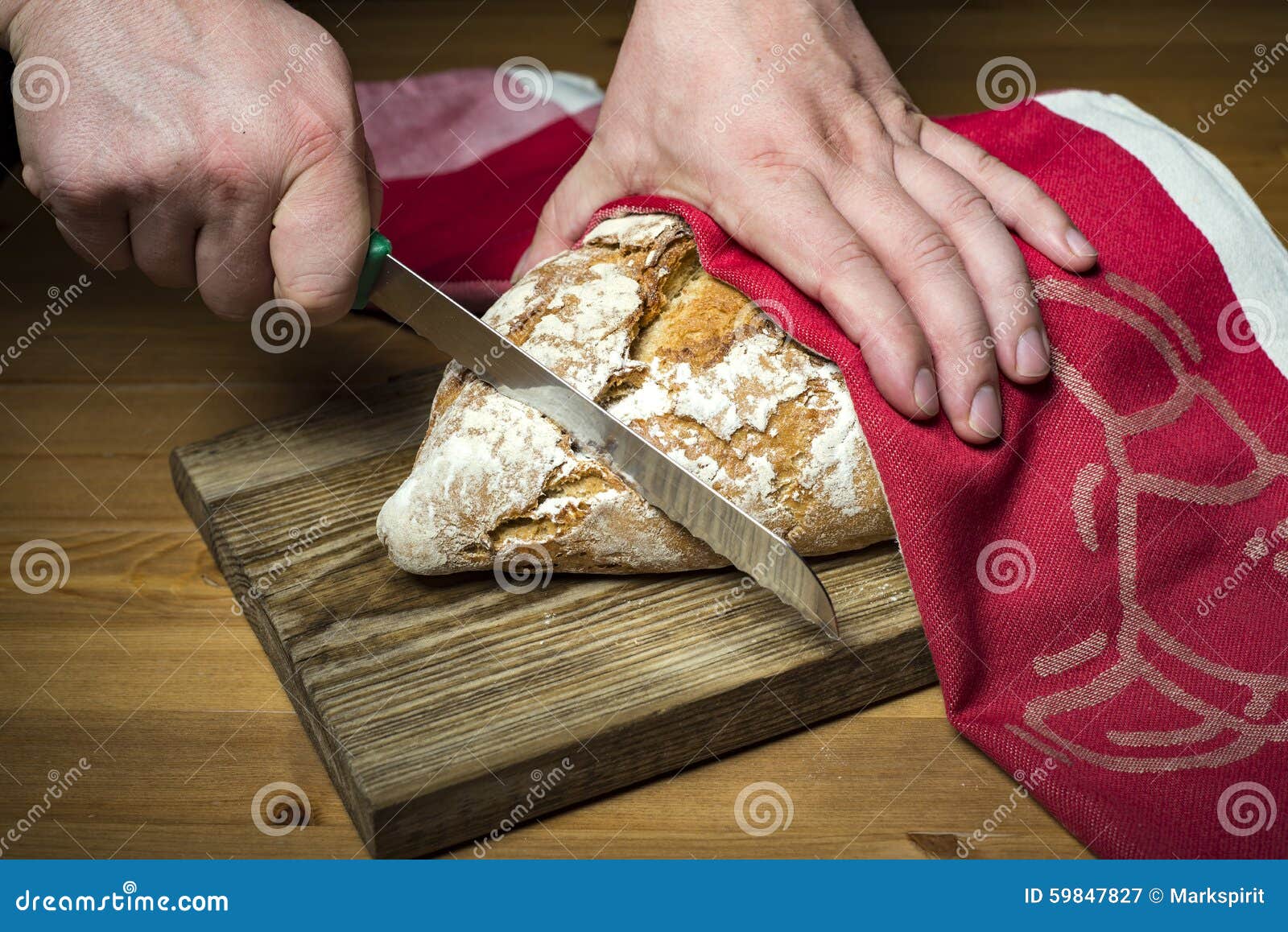 Man S Hands Cutting Bread on the Wooden Plank Stock Image - Image of ...