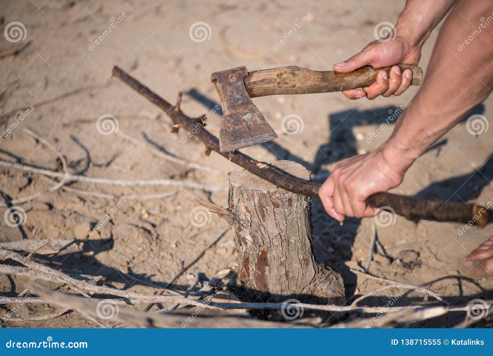 Man`s Hands in the Frame a Man Chops Wood with an Ax Stock Image ...