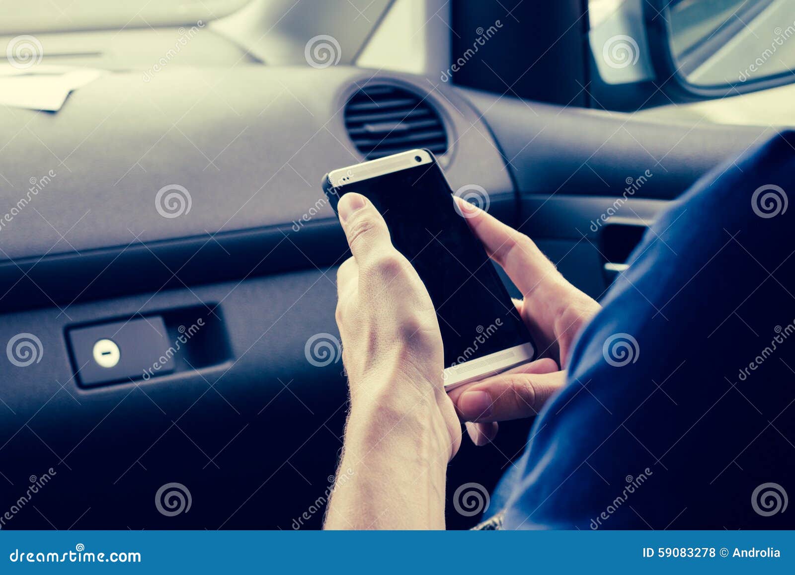 Man S Hands Holding Smart Phone Inside a Car Stock Photo - Image of ...